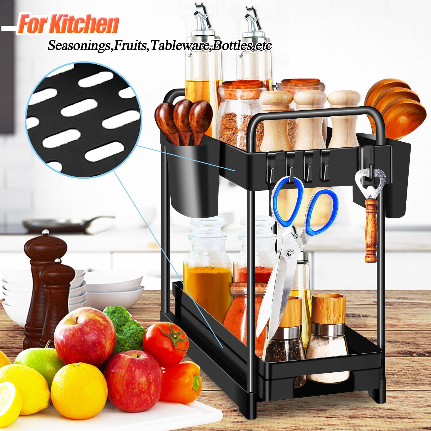2 Pack Under Sink Organizers and Storage,2 Tier Pull Out Cabinet Organizer with Wheels,4 Tier Multi-Functional Rolling Storage Cart with Retractable Tubes for Bathroom,Kitchen,Laundry Room,Black