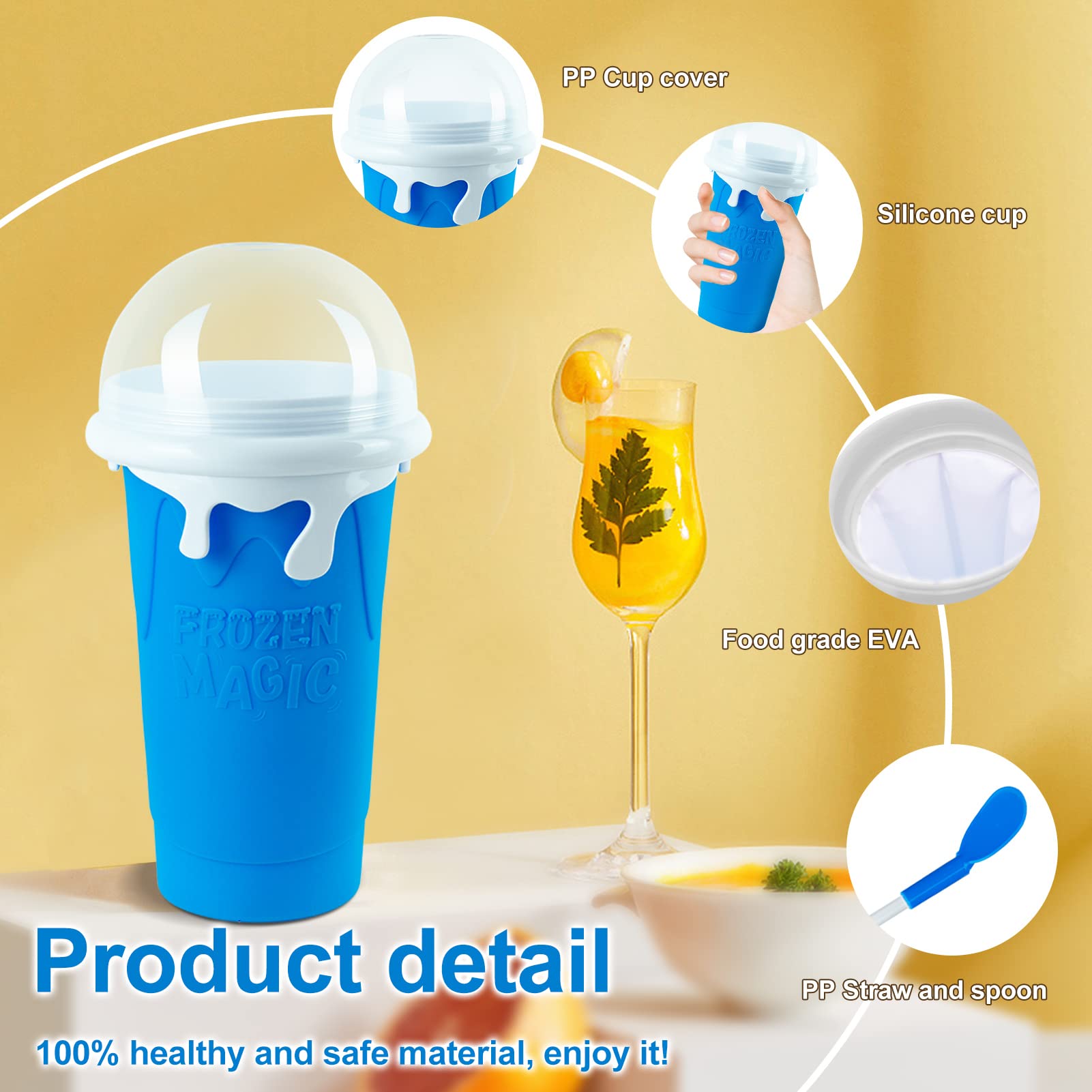 2Pcs Slushie Maker Cup, Quick Frozen Magic Cup Silicone Slushy Cup 500ml Smoothies Squeeze Cup with Lid for Cola, Milk Shake, Fruit Juice