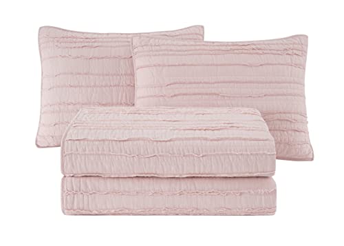 Chezmoi Collection Katy 3-Piece Frayed Edge 100% Washed Cotton Quilt Set - Soft-Finished Lightweight Bedspread All Season Bedding, King, Blush