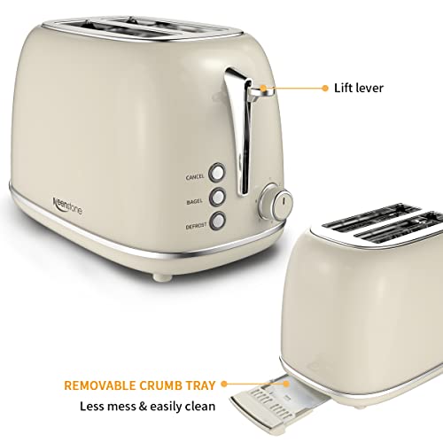 2 Slice Toaster, Keenstone Toaster with 6 Browning Settings, 1.5 In Extra Wide Slots, Stainless Steel Housing, Bagel/Defrost/Cancel Function, Removable Crumb Tray, 825W for Breakfast Bread -Beige