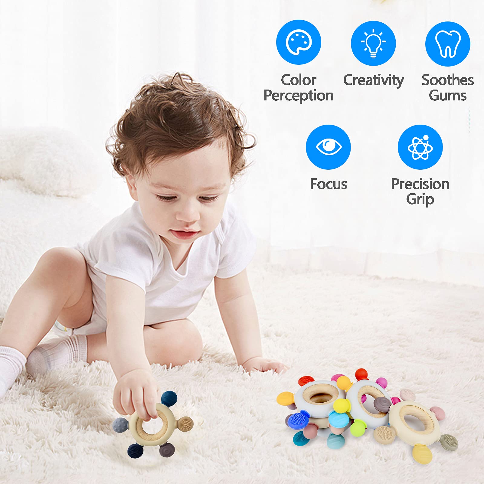 Arudyo Baby Teething Toys Silicone Teethers BPA Free Silicone Rudder with Wooden Ring Soothe Babies Gums (Gray)