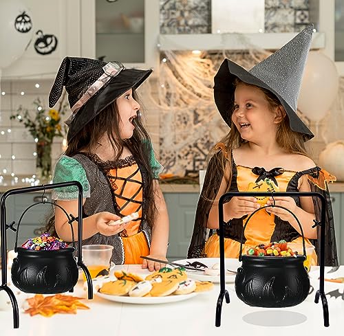 Ahzemepinyo Halloween Witches Cauldron Serving Bowls Rack Decor Set 2 Pieces Black Plastic Candy Bucket Cauldron with 2 Pieces Cauldron Rack for Halloween Party Trick or Treat Decorations