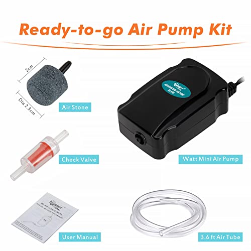 hygger Mini Aquarium Air Pump Kit Small Fish Tank Air Pump 1W for 1-20 Gallon Fish Bowl with Air Tube Air Bubbler Stone Check Valve (1W)