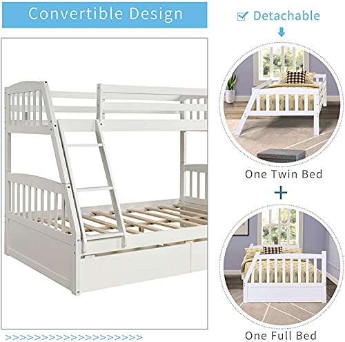 ATH-S Twin Over Twin Bunk Bed for Boys Girls Teens Adults, Solid Wood Bunk Bed Frame with Trundle and Drawers, No Box Spring Needed, White (Color : White with Drawers, Size : Twin Over Full)
