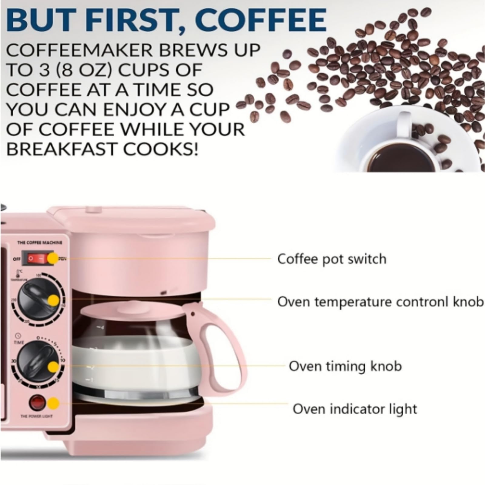 3 In 1 Breakfast Station With Coffee Maker,9L Multifunctional Toaster Oven Combo, Includes Coffee Maker, Non-Stick Griddle, and 4-Slice Toaster Oven - Versatile Breakfast Maker With Timer (pink)
