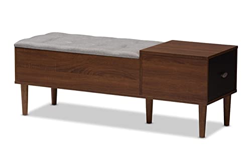 Baxton Studio Merrick Bench Shoe Rack Cabinet Brown//Medium Wood/Mid-Century/Fabric Polyester 100%"/Engineered Wood/Faux Wood Veneer/Powder Coated Vinyl (Legs)/Foam