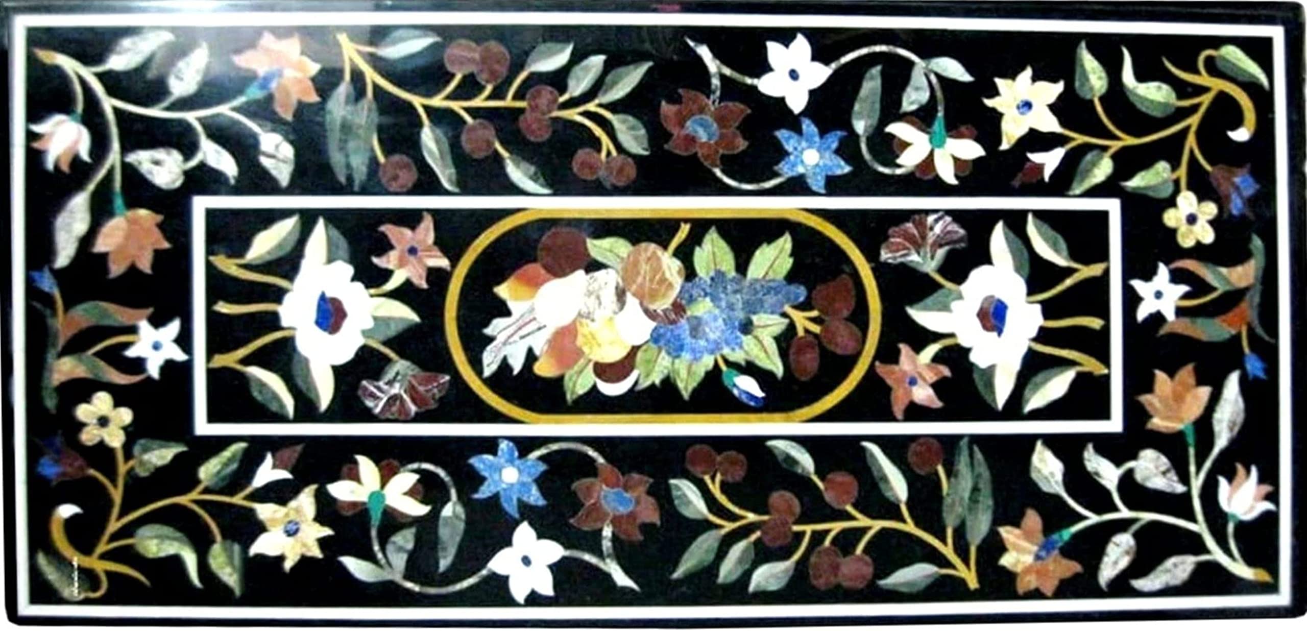 48" x 24" Inch Natural Black Marble Dining Table Pietra Dura Floral Marquetry Patio Table, Outdoor Furniture Table, Italian Style Table