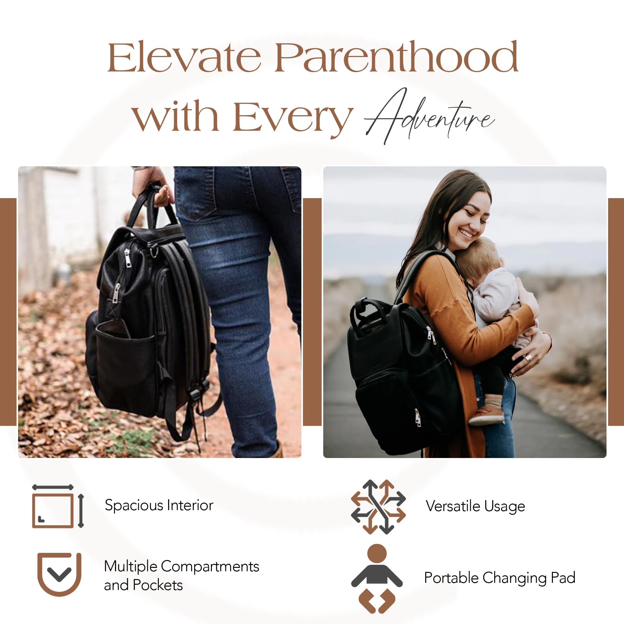 Citi Collective Explorer Black Diaper Bag Backpack - Vegan Leather Diaper Bag with Shoulder Strap, Insulated Bottle Pockets, Changing Pad, Stroller Clip- Versatile Diaper Bag for Baby