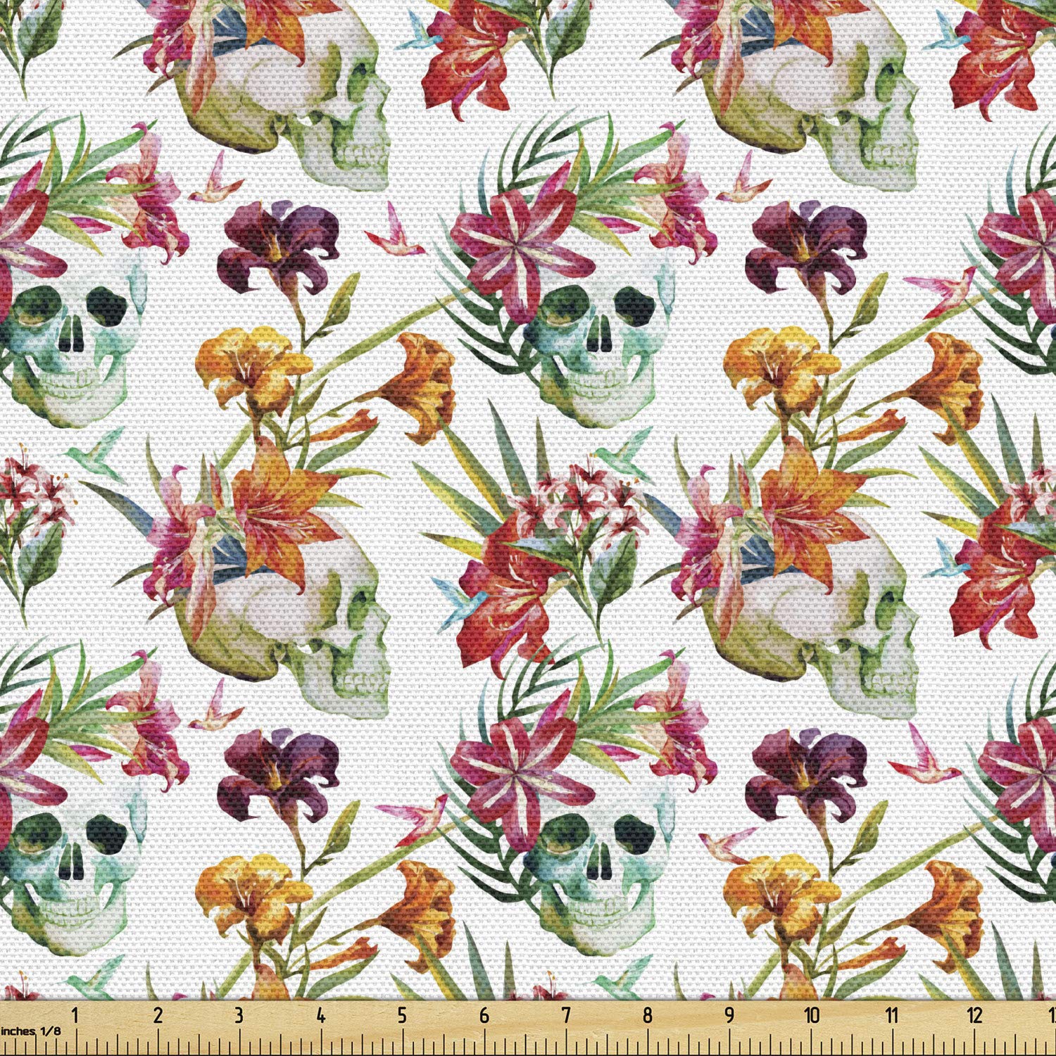 Ambesonne Skull Fabric by The Yard, Lilies Tropical Flower Blooms Leaves on Skull with Watercolor Painting Effect, Decorative Fabric for Upholstery and Home Accents, 1 Yard, Green Orange