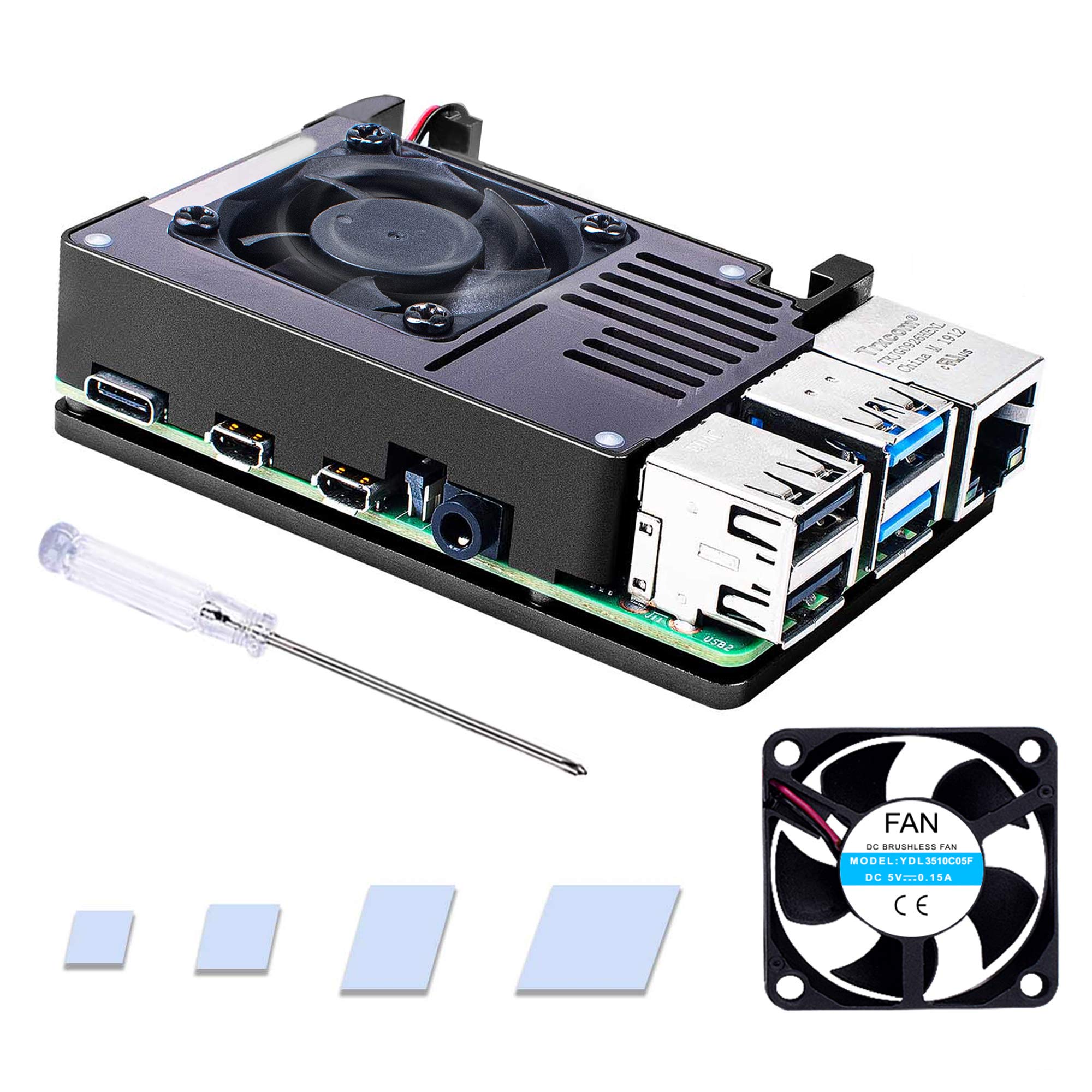Smraza Case for Raspberry Pi 4, Metal Case for Raspberry Pi 4 Model B with Cooling Fan 35MM, Case Aluminum Alloy Enclosure with 4 PCS Heatsinks Pillar Thermal Adhesive Black (RPI Board Not Included)