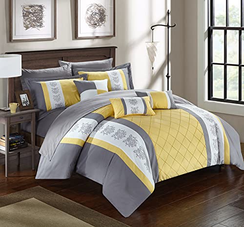 Chic Home Clayton 8 Comforter Pintuck Pieced Block Embroidery Bed in a Bag with Sheet Set, Twin, Yellow