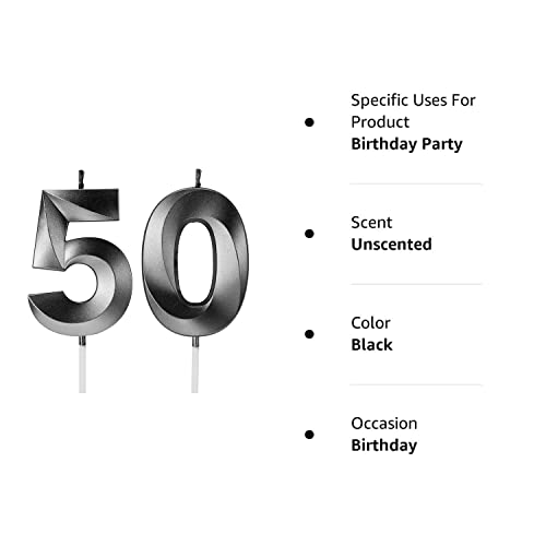 50th Birthday Candles Numbers for Cakes Candle Happy Fiftieth Birthday 3D Designed Wedding Anniversary Party Cake Topper Decorations (50, Black)