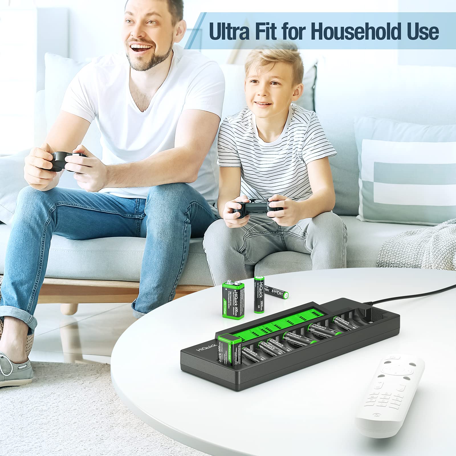 HiQuick 16+2 Bay AA AAA 9V Battery Charger, Fast Charging for NiMH NiCD Rechargeable Batteries, 2 Separate Charging Slot for 9V NiMH/Li-ion Battery with Smart LCD Display and AC Wall Adapter
