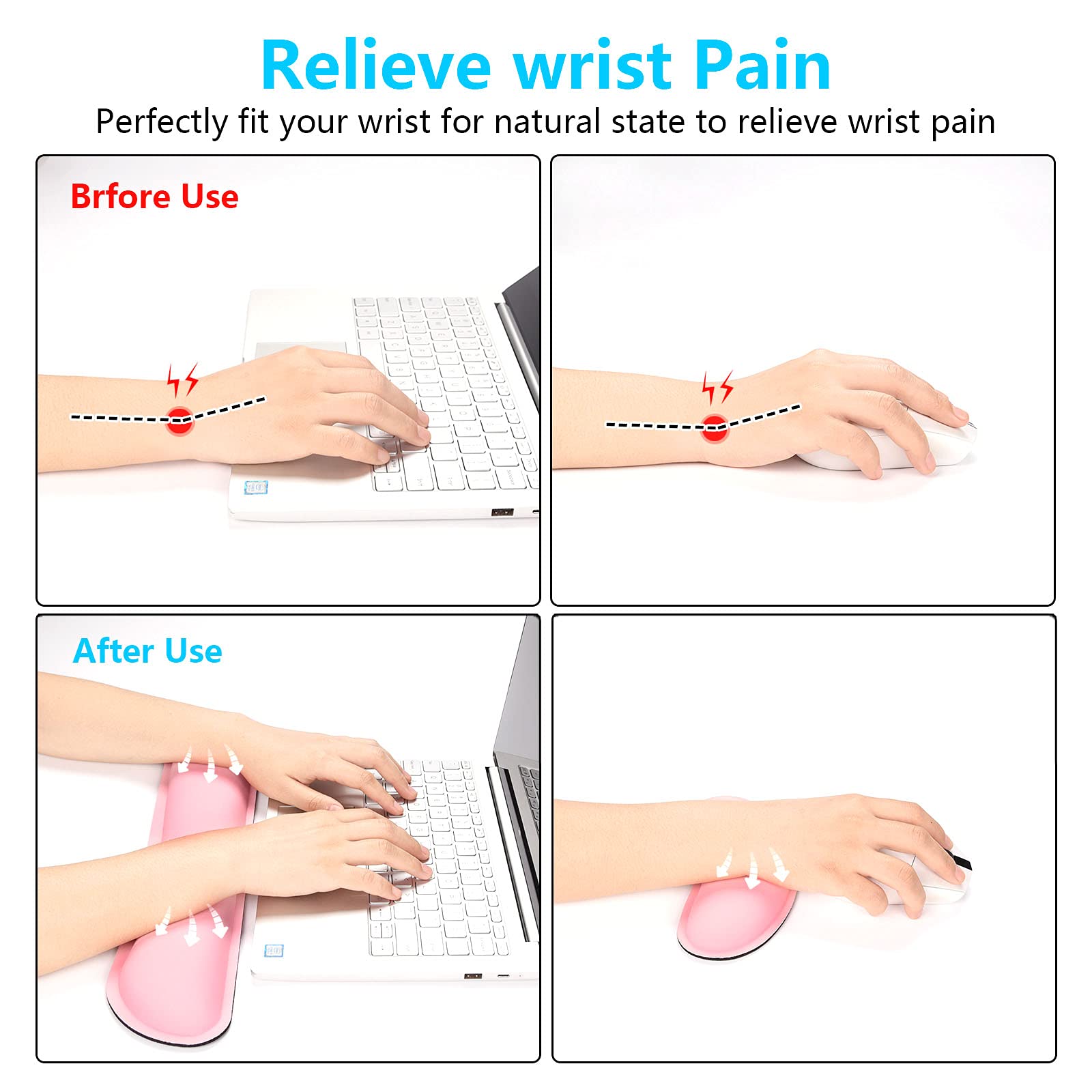 Dapesuom Keyboard Wrist Rest Set, Cute PU Leather Wrist Cushion for Computer Keyboard and Mousepad, Memory Foam Mouse Pad Rests Support with Non-Slip Base for Typing Pain Relief, Laptop, Pink