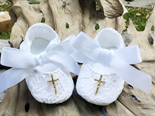Bow Dream Baby Girl Baptism Christening Shoes and Headband Set White Reinstones 0-3 Months