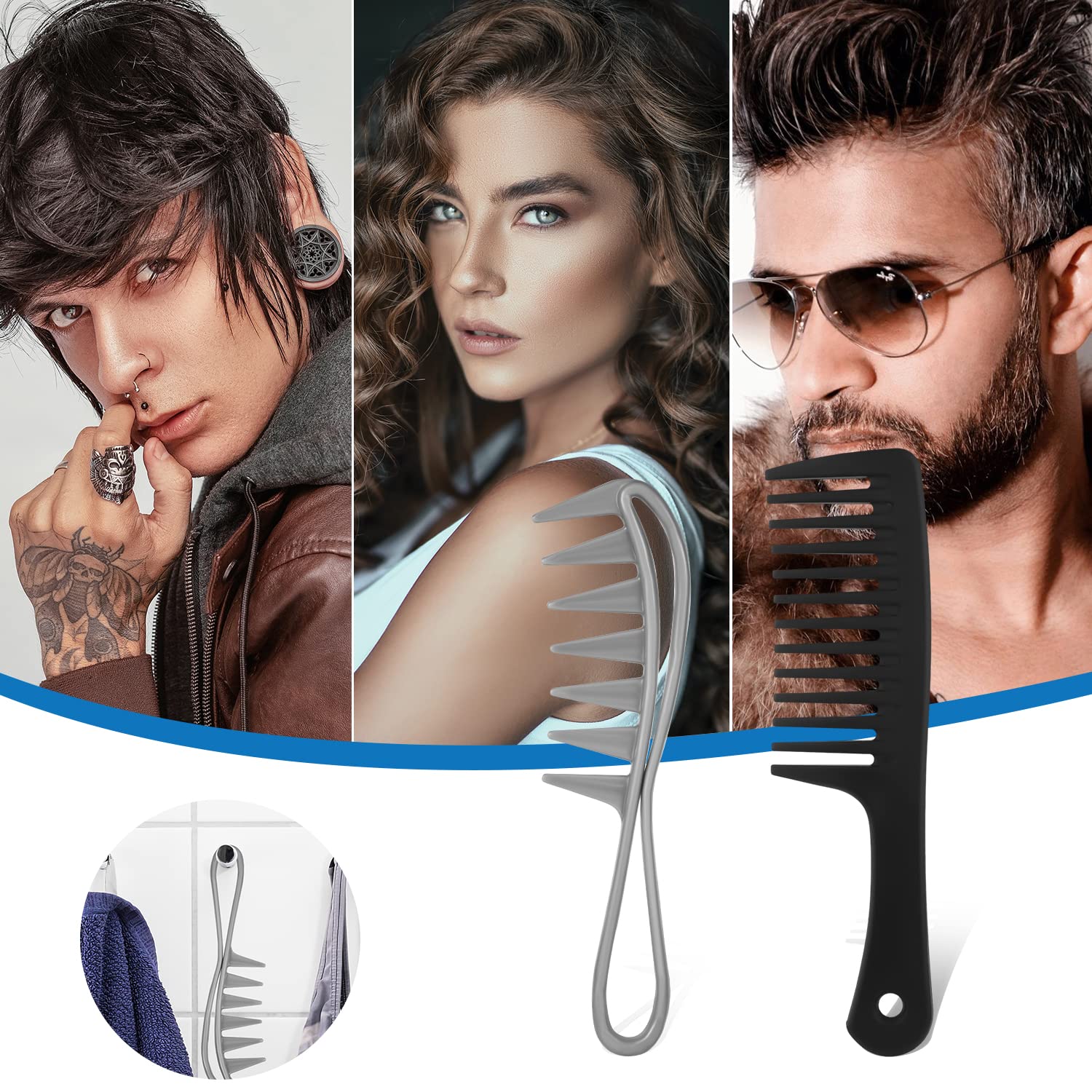 2Pcs Wide Tooth Comb for Curly Hair, Large Shark Teeth Comb Detangler for Brushing Out Curls Plastic Hairstyle Tool for Wet Wavy Thick Hair Wigs Barber Salon, Women Men (1 Black, 1 Silver)