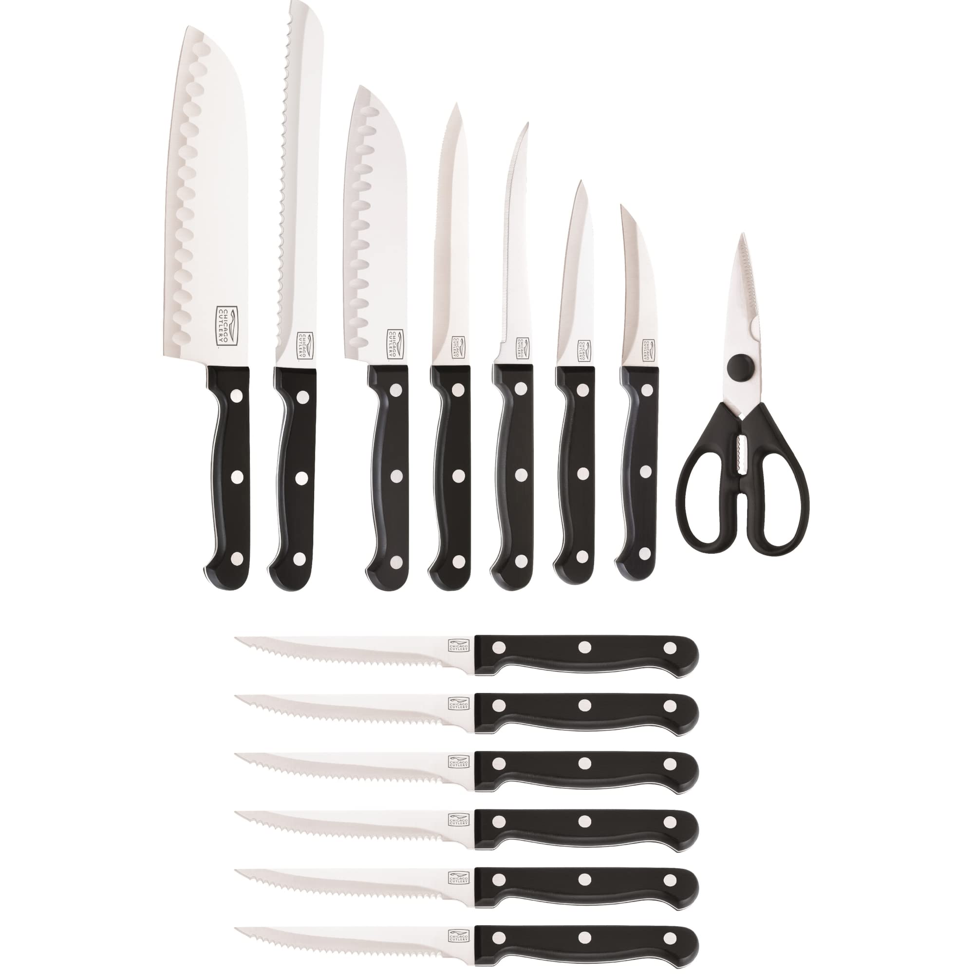 Chicago Cutlery Essentials 15 Piece Stainless Steel Kitchen Knife Set with Shears, Paring, Fruit, Utility, Santoku, Bread, and Steak Knives, Knife Set for the Kitchen with Block