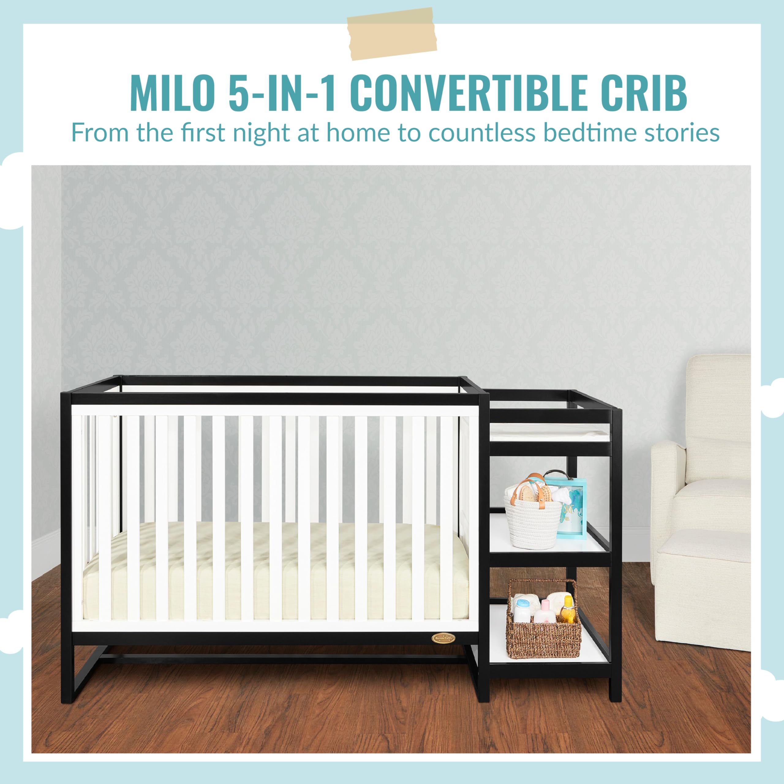 Dream On Me Milo 5-in-1 Convertible Crib and Changing Table with Free Changing Pad in Black and White, 3 Mattress Height Settings, Non-Toxic Finishes, Pinewood
