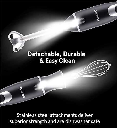 Gourmia GHB2360 12 Speed Illuminating Immersion Hand Blender with Turbo Mode - Comfortable Ergonomic Handle - Whisk Attachment Included - Integrated LED Spotlight - 300 Watt Motor - Black