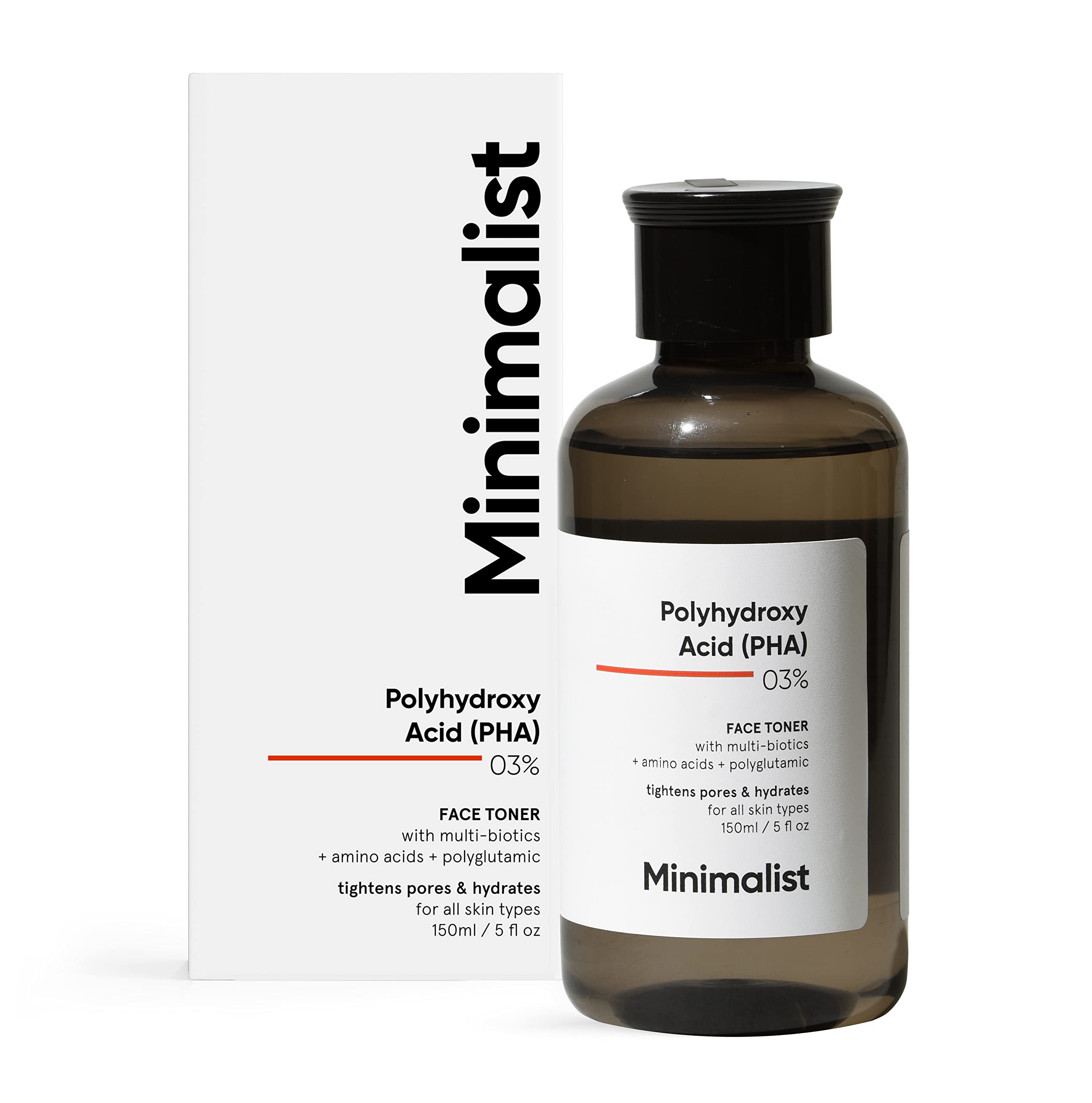 Minimalist 3% PHA Alcohol Free Hydrating Face Toner for Pore Tightening | Mild Exfoliation, pH Balancing & Rebalancing Skin Microbiome | for Women & Men | 5 Fl Oz / 150 ml