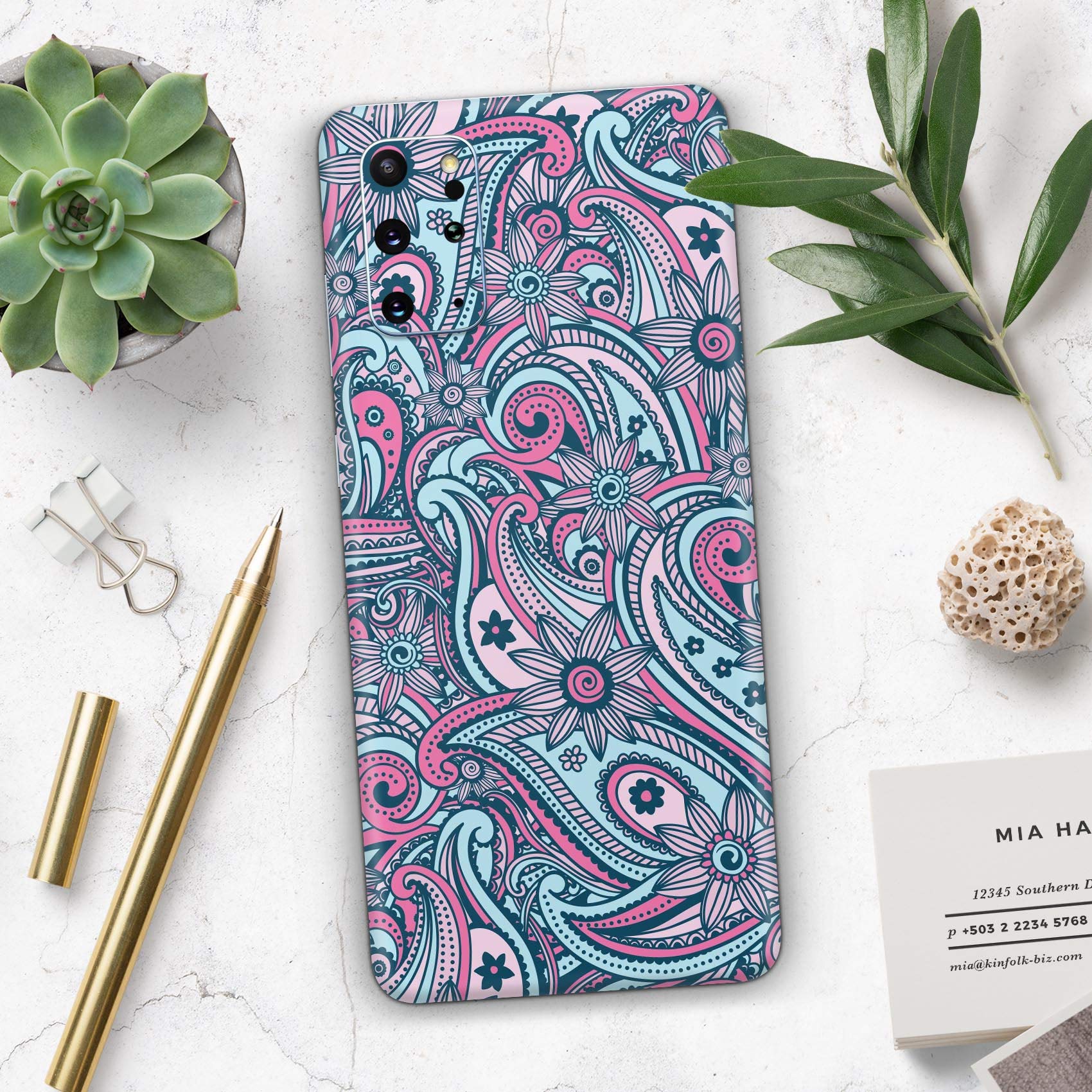 DesignSkinz Seamless Mint and Pink Sprout Protective Vinyl Decal Wrap Skin Cover Compatible with The Samsung Galaxy S20 (Screen Trim & Back Glass Skin)