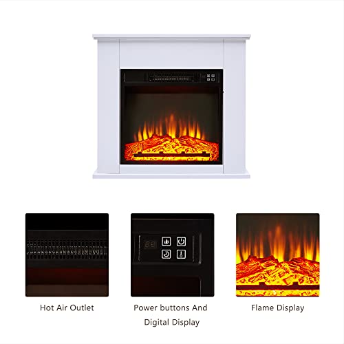 25 Inch 1400W Deluxe Electric Fireplace Mantel Heater, Wooden Freestanding Portable Patio Hearth Space Stove with Remote Control & Realistic Flames Remote Control for Home Room Indoor-White