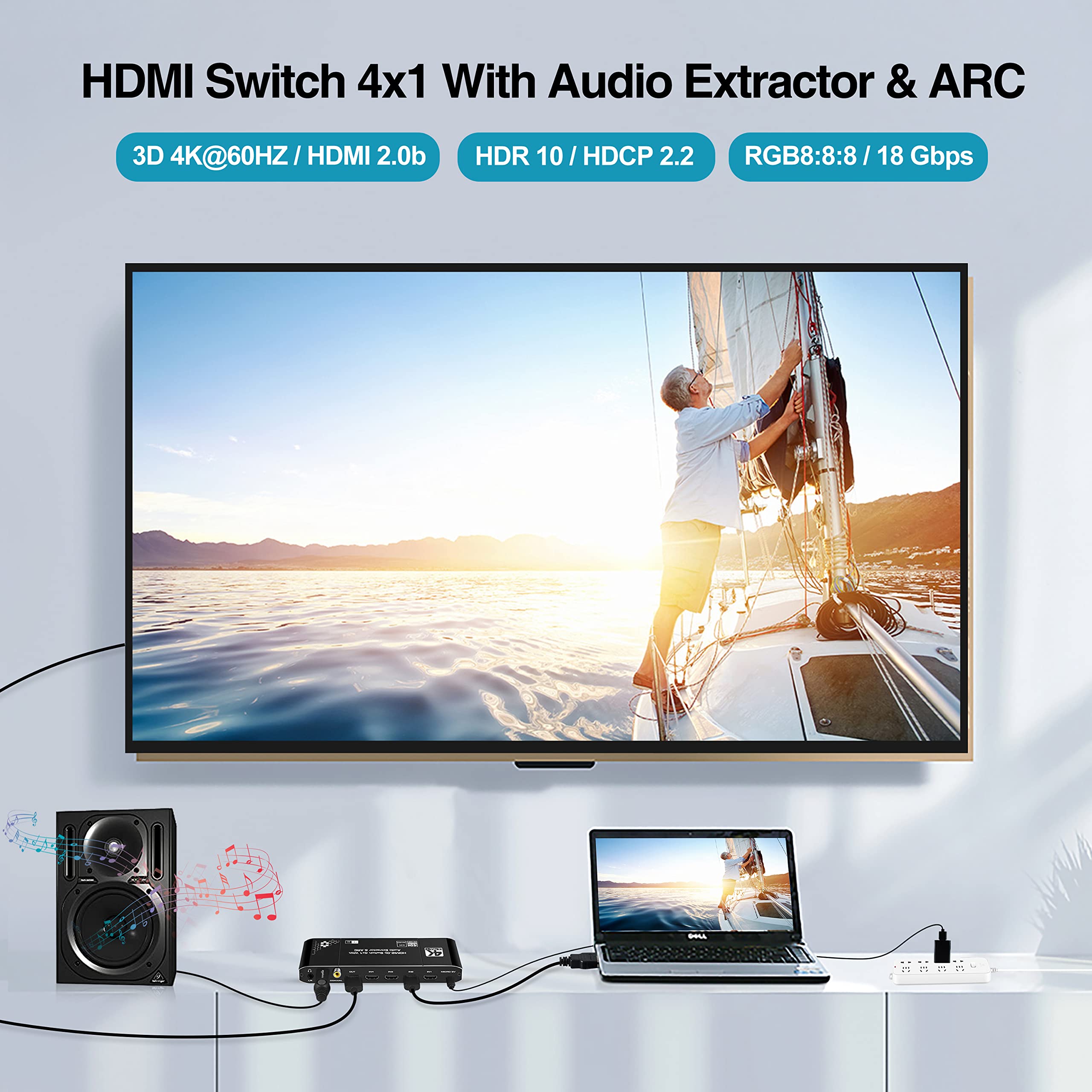 NEWCARE 4K@60Hz 4x1 HDMI Switch Audio Extractor with Optical Toslink SPDIF/Coaxial/3.5mm Audio Out, 4 Ports HDMI 2.0b Switcher with Remote Control Support ARC, HDCP 2.2, 3D, for Xbox, Fire Stick, PS5
