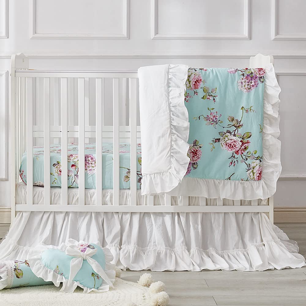 Brandream French Country Crib Bedding Set for Girls | 3 Piece Floral Nursery Set | Ruffled Baby Comforter, Crib Sheet, Crib Bed Skirt Included