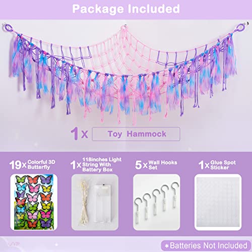 Beinou Stuffed Animals Net or Hammock with Butterfly Stuffed Animals Storage Holder with LED Light Toy Storage for Stuffed Animals for Girls Bedroom Decor
