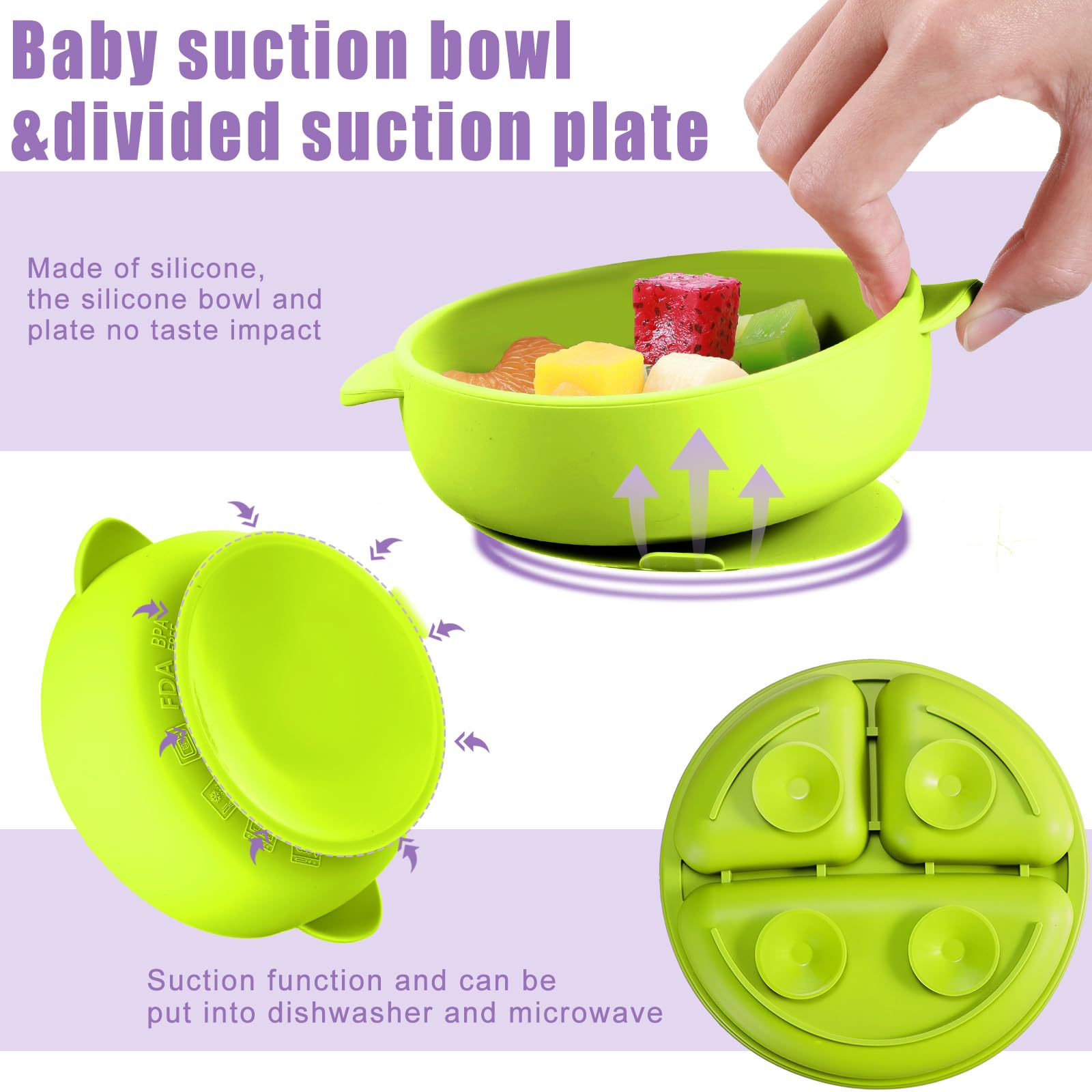 3 Sets Baby Led Weaning Supplies, Silicone Baby Feeding Set with Divided Plate Adjustable Bib Suction Bowl with Lid Snack Cup Soft Spoon Fork, Self Eating Utensil (Beige, Orange, Mint)