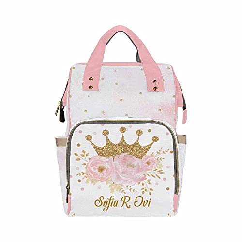 InterestPrint Custom Diaper Bag with Name, Pink Flowers with Crown Diaper Bag Nappy Bags Travel Shoulder Daypack Mummy Backpack Custom Gift for Mom Girl