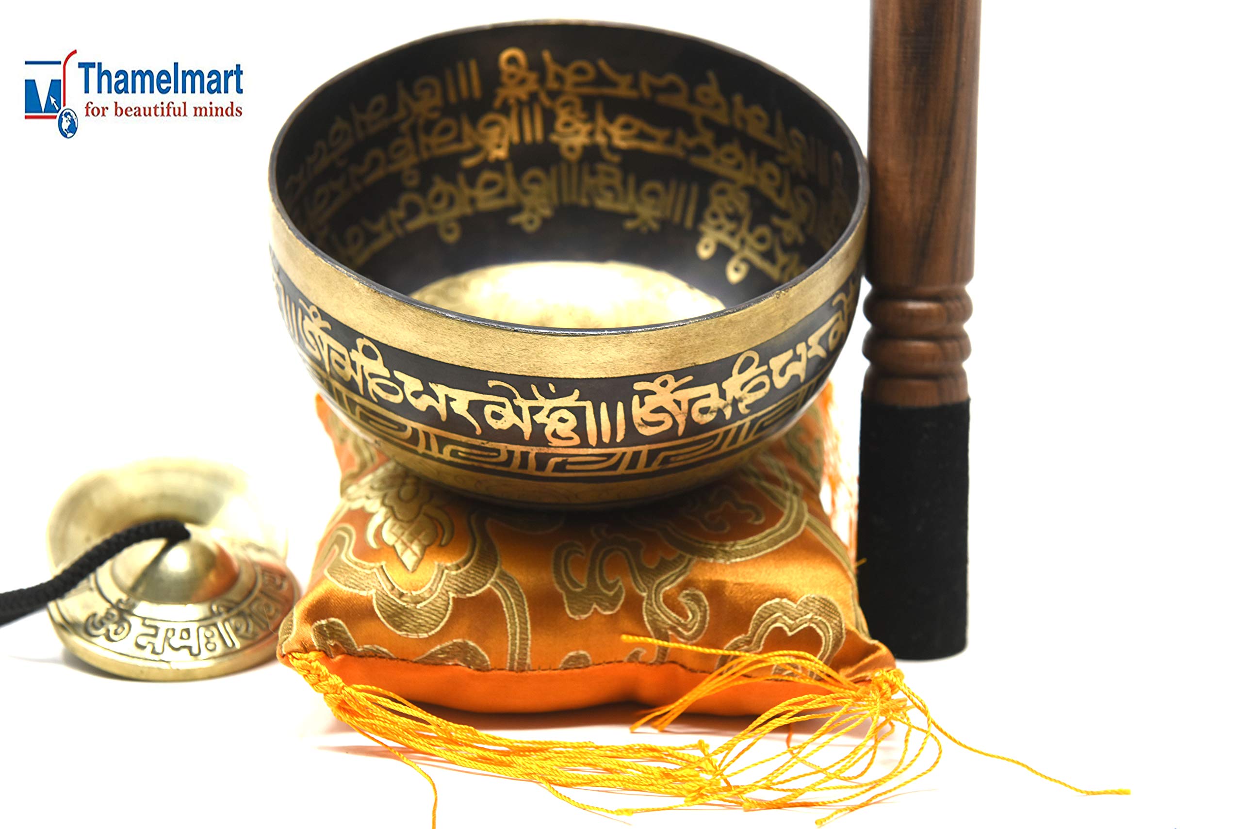 8" Healing Meditation Mantra Carved Singing Bowl, Etching Tibetan Art, Hand Hammered Singing Bowls with Silk Cushion, Gong & Mallet Striker