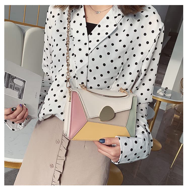 2022 Women Bag Flap PU Korean Lady Patchwork Hasp Chains Metal Handle Luxury Designer Bag Handbag Shouder Bag Wide Strap (White)