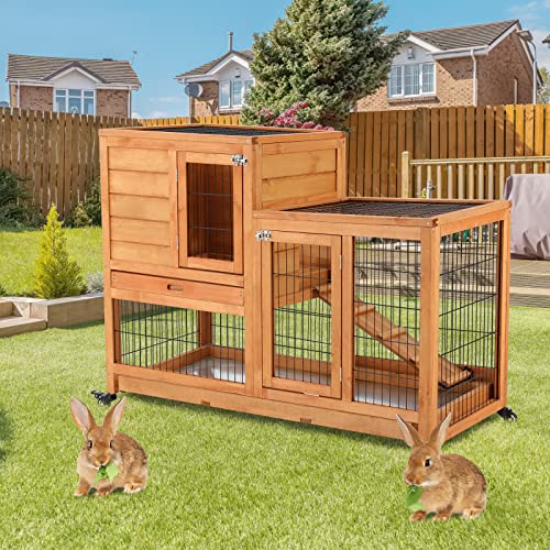 Arlopu Rabbit Hutch on Wheels Rabbit Cage Indoor Bunny Hutch with Run, Wooden Rabbit House with 2 No Leak Trays, 4 Casters, No-Slip Ramp, 2 Lockable Door (Golden red)