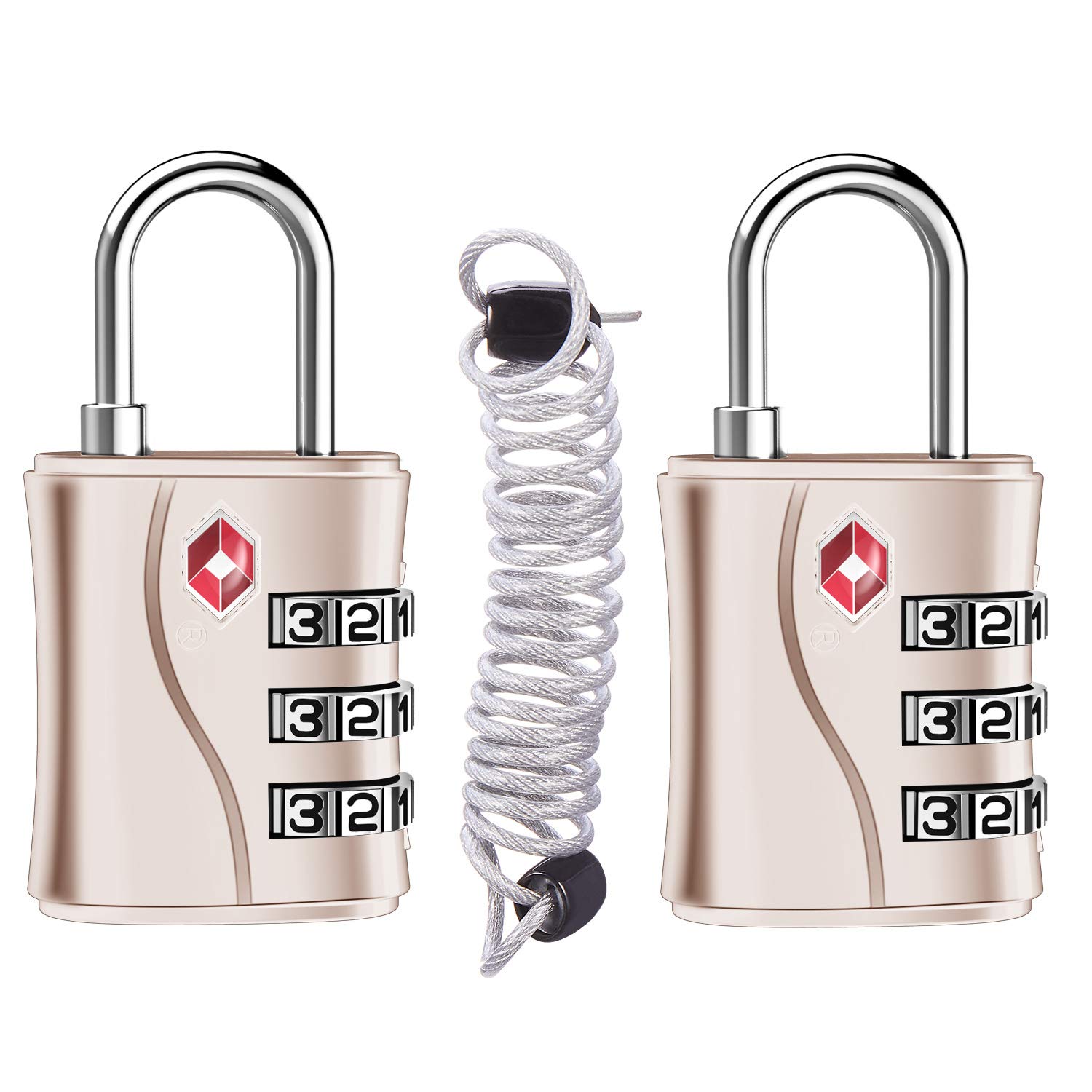 ZHEGE Luggage Locks, TSA Approved Locks, 3 Dial Zipper Lock with (80CM) Cable for Suitcases, Backpack, Baggage (Rose Gold, 2 Pack)