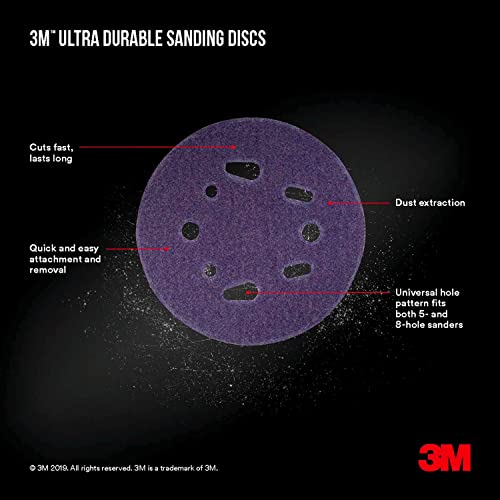 3M Ultra Durable 5 inch Power Sanding Discs, Universal Hole, 220 Grit, 10/Pack