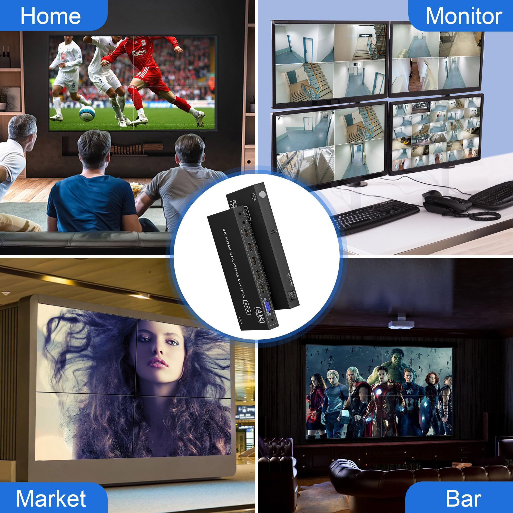 2x2 Video Wall Controller, 4K UHD Video Wall HDMI Splitter TV Wall Processor for 4 TV Splicing Display, 180 Degree Rotate and 8 Splicing Modes 2x2,1x2,1x3,1x4,2x1,3x1,4x1 with Remote Control