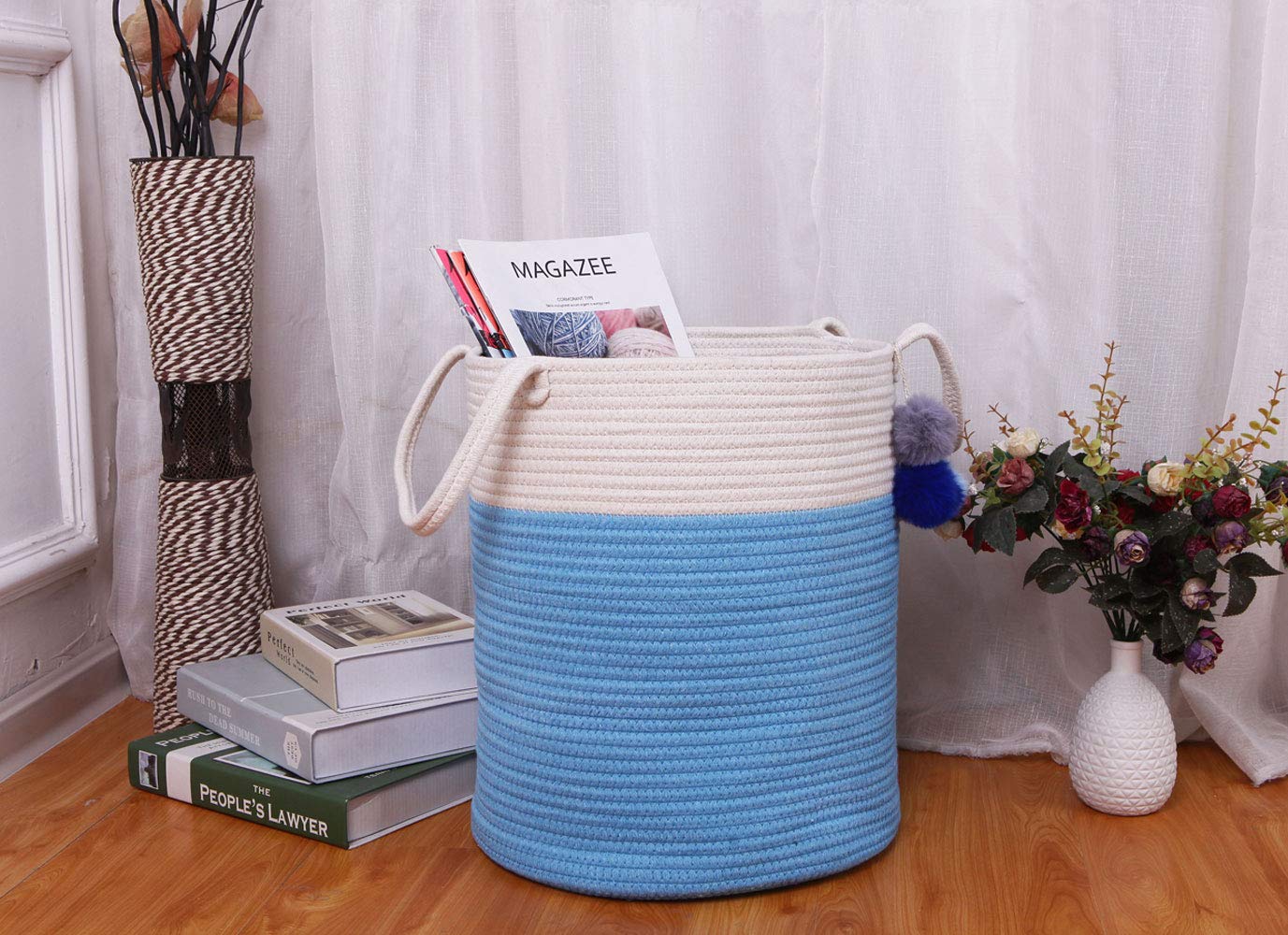 CraftEarth Blue Storage Basket for Nursery 40 by 35 cm - Woven Decorative Basket Large Natural Cotton Rope Basket with Handles