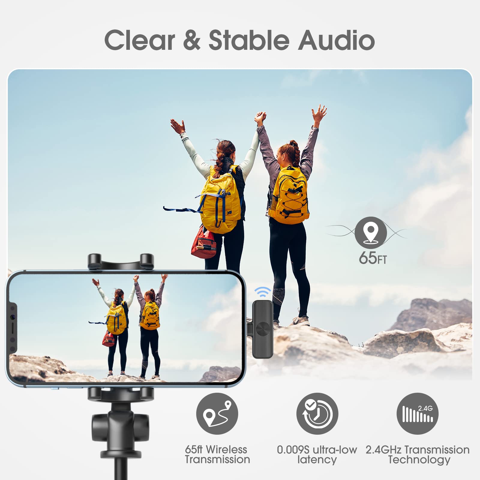 2 Pack Wireless Lavalier Microphone for iPhone iPad, Noise Reduction Cordless Omni Lapel Mic, Clip on Microphone for Video Recording, YouTube, Facebook,TikTok, Interview Livestream & Podcast