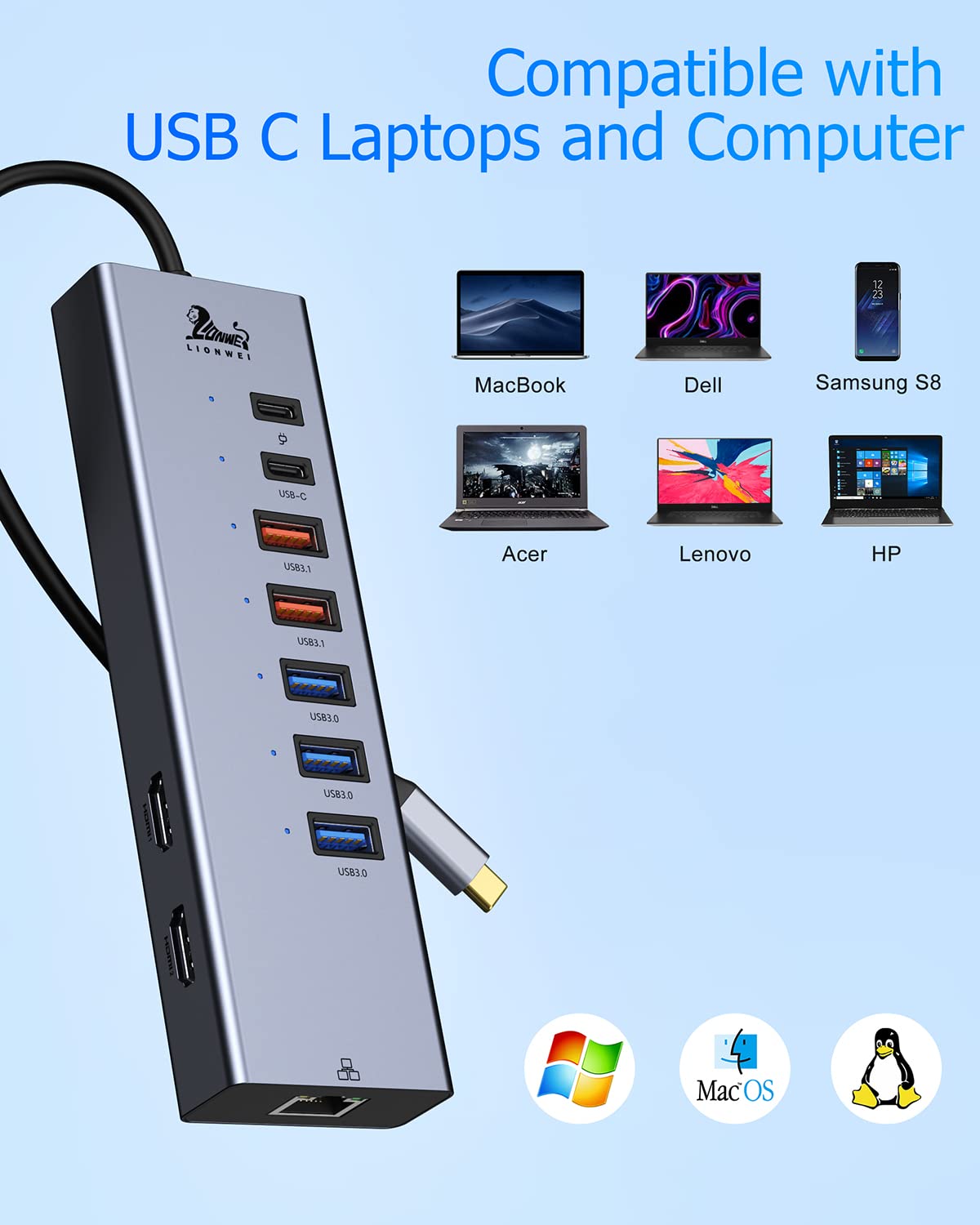8K Dual HDMI USB C Hub 10Gbps Laptop Docking Station USB C to Dual 4K Monitor for Dell/HP/Lenovo, 10-in-1 USB C Adapter Dongle with Gigabit Ethernet, 2 USB 3.1, 3 USB 3.0, USB C Data and PD Charging