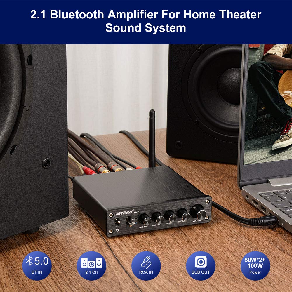 AIYIMA A03 2.1 Channel Class D Amplifier 50W+50W+100W TPA3116 Subwoofer Bluetooth Amp HiFi Power Amplifier with Power Adapter