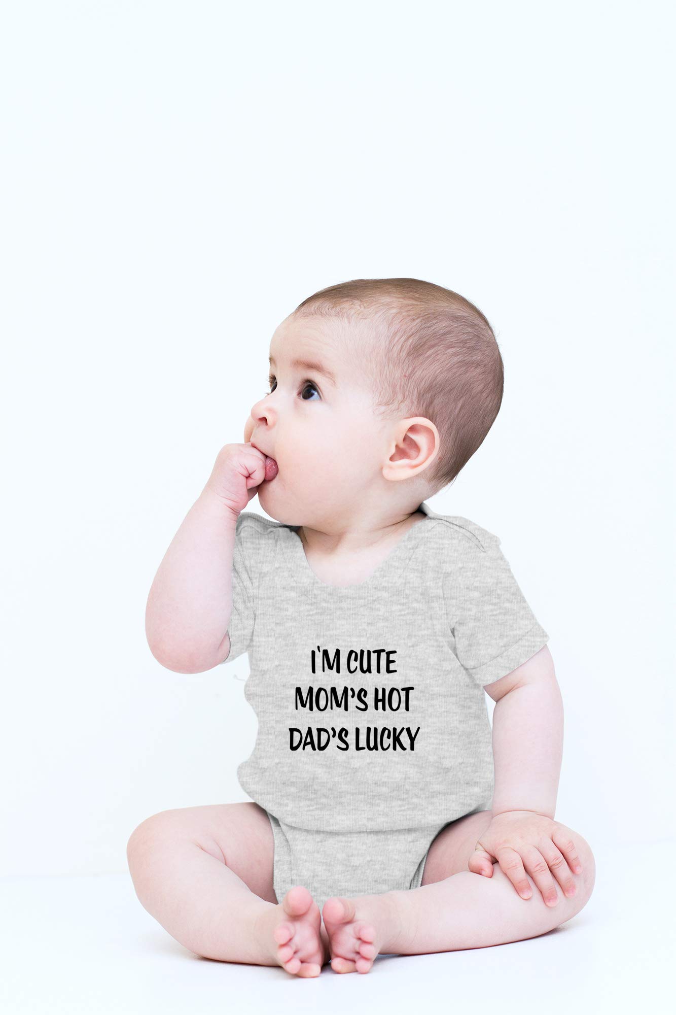 Crazy Bros Tees I'm Cute, Mom's Hot, Dad's Lucky Baby Bodysuit Adorable Unisex Romper Boy Newborn Clothes (6 Months, Heather Grey)