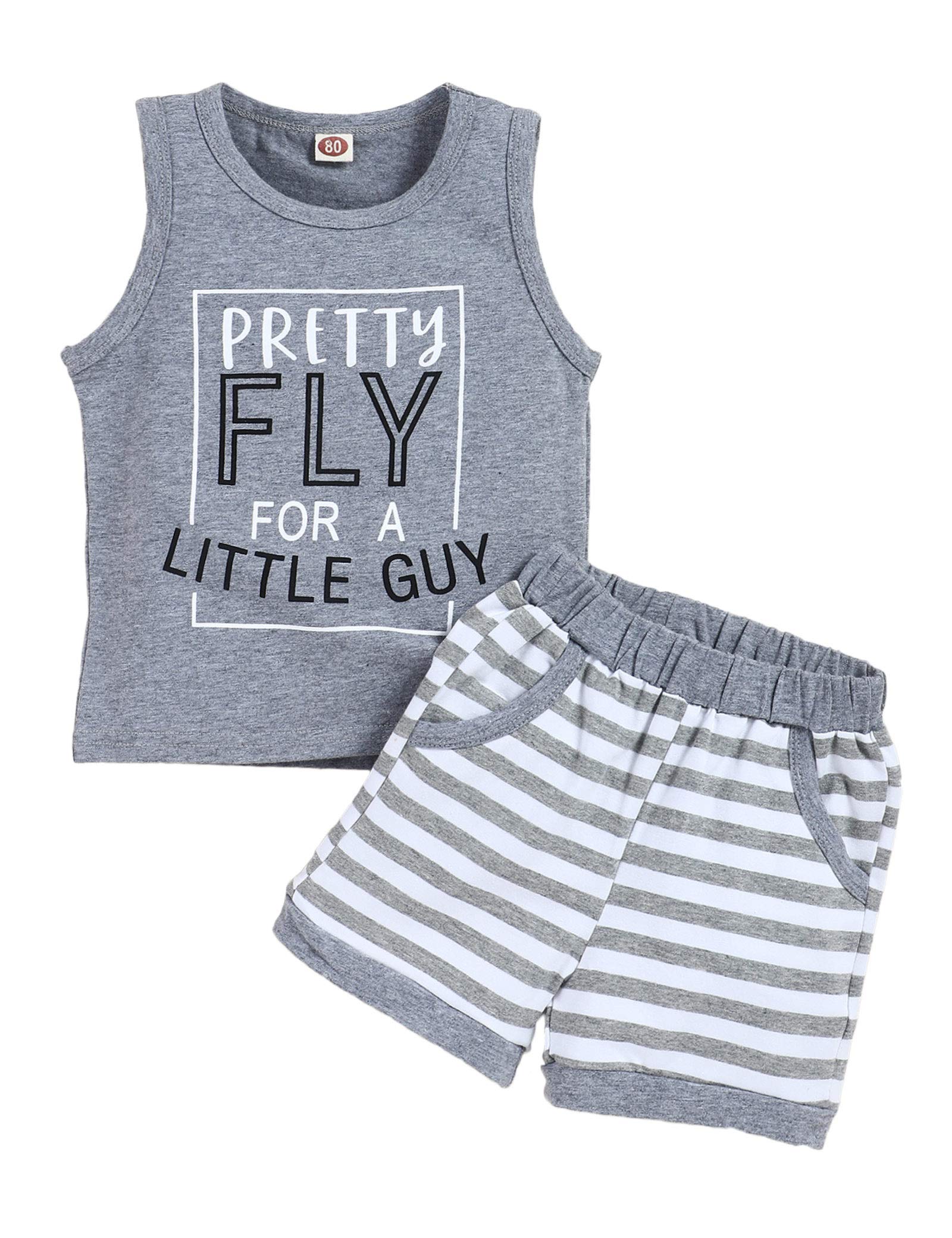 Crazyme Toddler Baby Boy Clothes Outfits Sleeveless Tops Striped Shorts Summer Baby Boys Clothes Set (Grey, 18-24 Months)