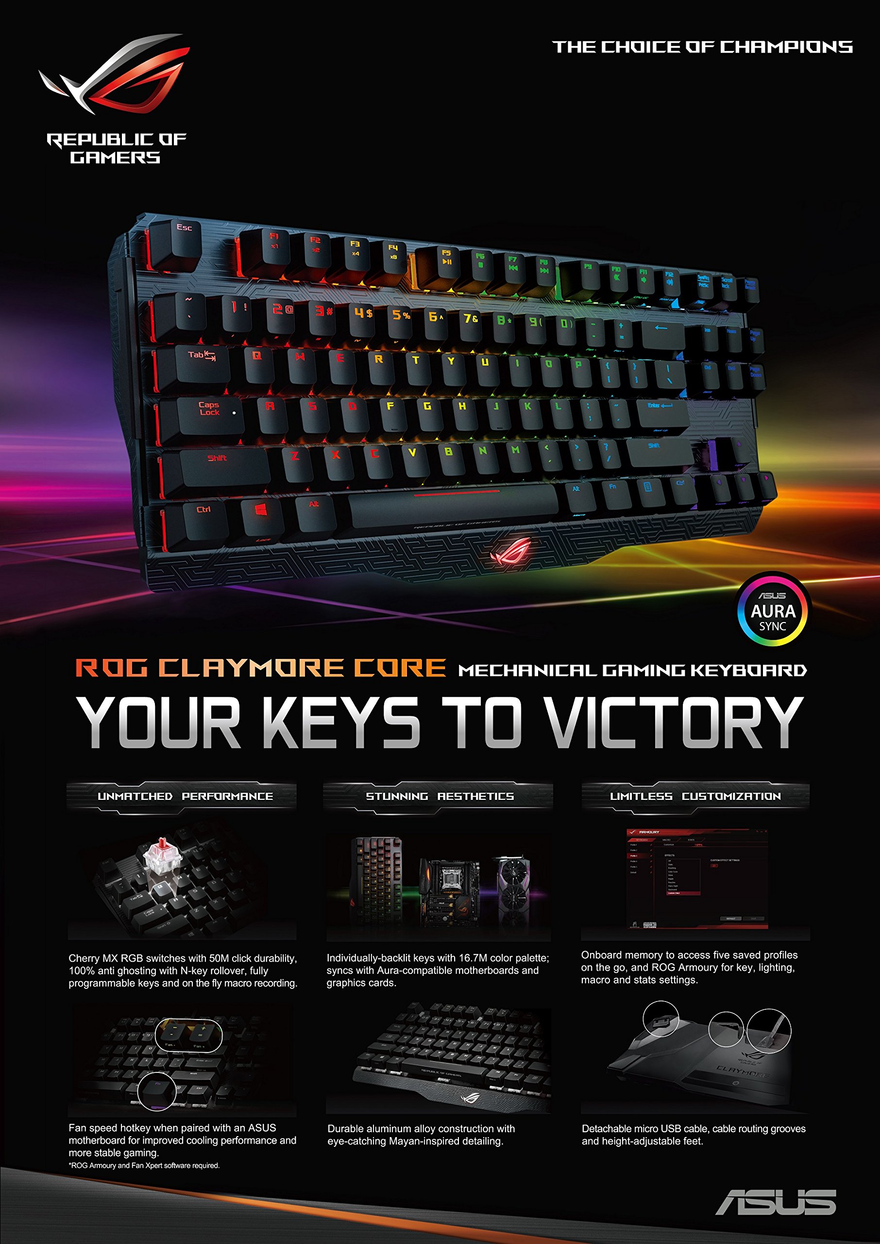 ASUS RGB Mechanical Gaming Keyboard - M802 ROG Claymore Core | Cherry MX Red Switches | Dedicated Hot Keys for One-Click Overclocking, Fan Control | Gaming Keyboard for PC | Aura Sync RGB Backlit Eff