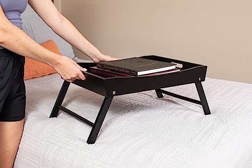 BIRDROCK HOME Wood Bed Tray with Folding Legs - Work from Home - Wide Breakfast Serving Tray Lap Desk with Sides and Handles - Black