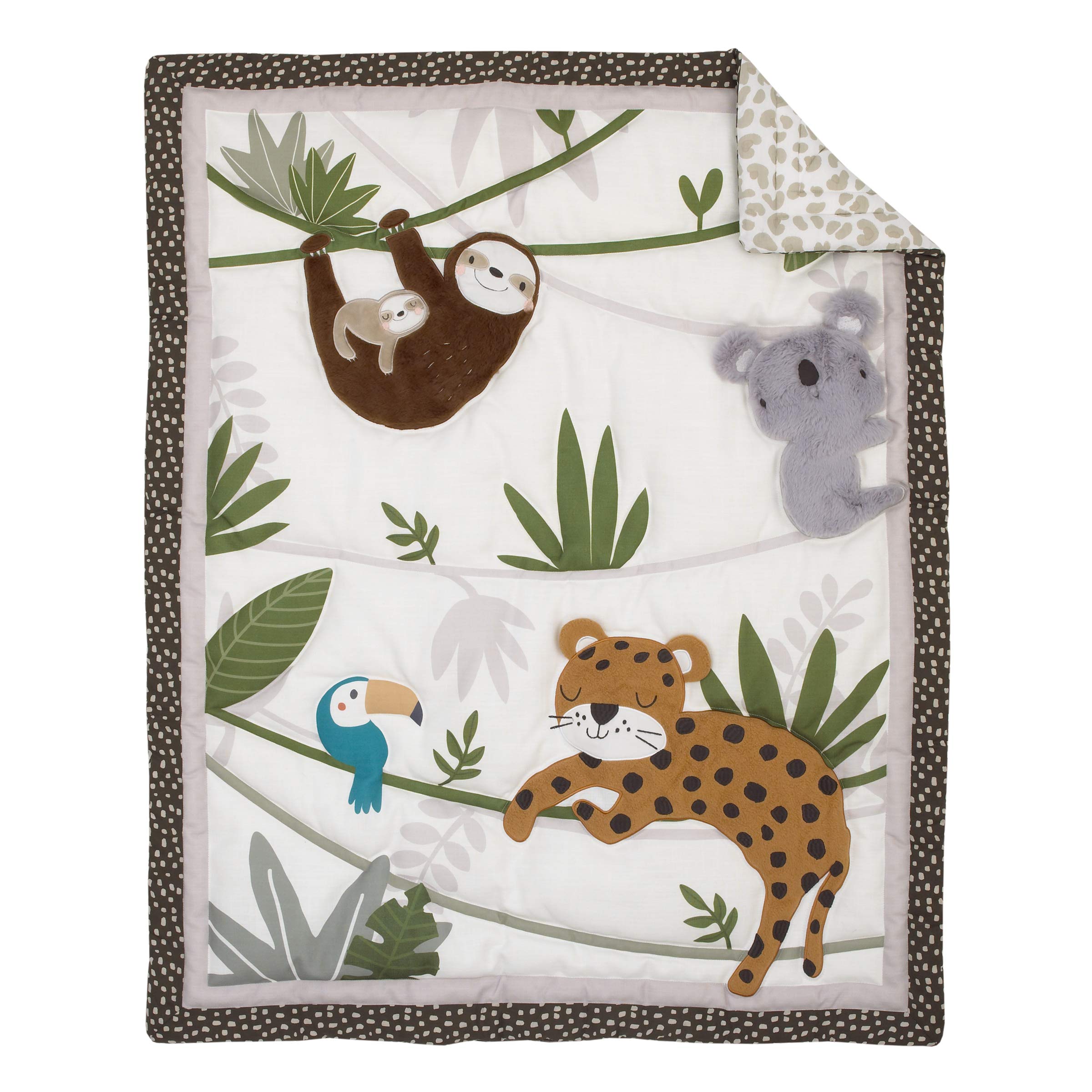 NoJo Jungle Gym 4 Piece Nursery Crib Bedding Set - Grey, Brown and Green Comforter, 100% Cotton Fitted Crib Sheet, Crib Skirt, and Storage