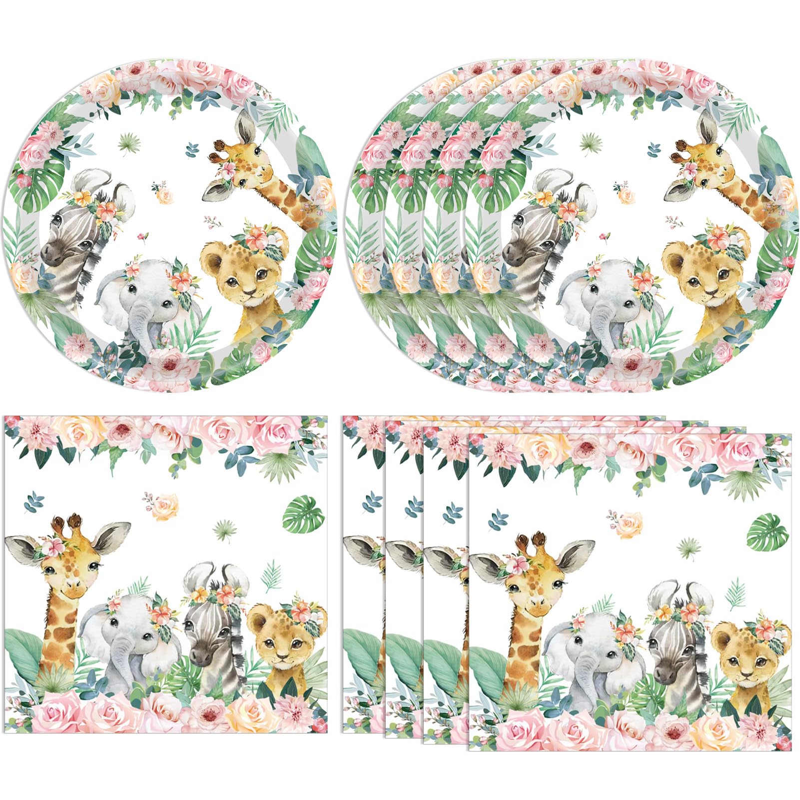 40PCS Wild One Birthday Decorations Girl Jungle Safari Birthday Decorations Included Wild One Plates and Napkin Sets for Kids Animal Safari Baby Shower Decorations