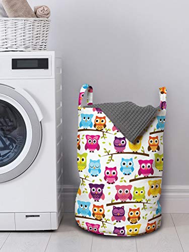 Lunarable Owls Laundry Bag, Owls in The Forest Woodland Celebration Friendship Togetherness Themed Artwork Print, Hamper Basket with Handles Drawstring Closure for Laundromats, 13" x 19", Multicolor