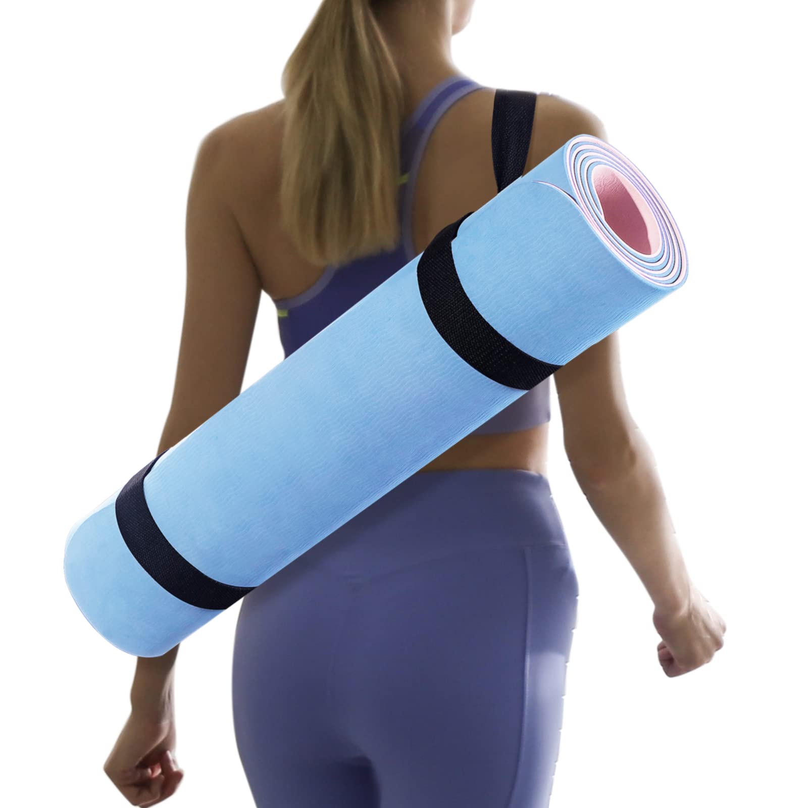 2 Pack Yoga Mat Carrier Strap Adjustable Thick Straps Sling Easy Cinch Yoga Mat Strap Cotton Exercise Mat Stretching Band Multi Purpose Straps for Carrying Large Mats, Light Blue and Black