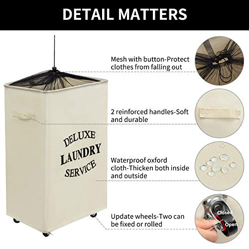 ZERO JET LAG 90L Large Slim Rolling On Wheels Laundry Hamper Basket Tall Dirty Clothes Hamper Clothes Storage Basket Standable Corner Handy Bin Hamper Basket 12x16x26" (Beige)